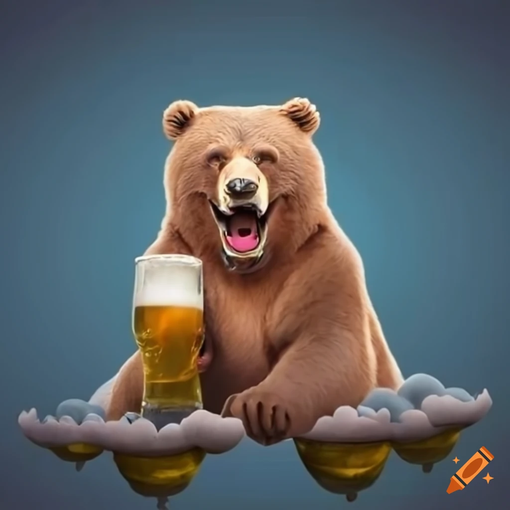 Laughing bear with beer jug sitting on a cloud on Craiyon