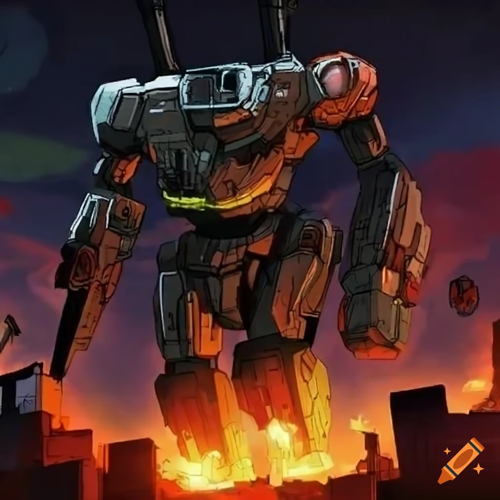 Anime style battletech mauler in futuristic city ruins on Craiyon