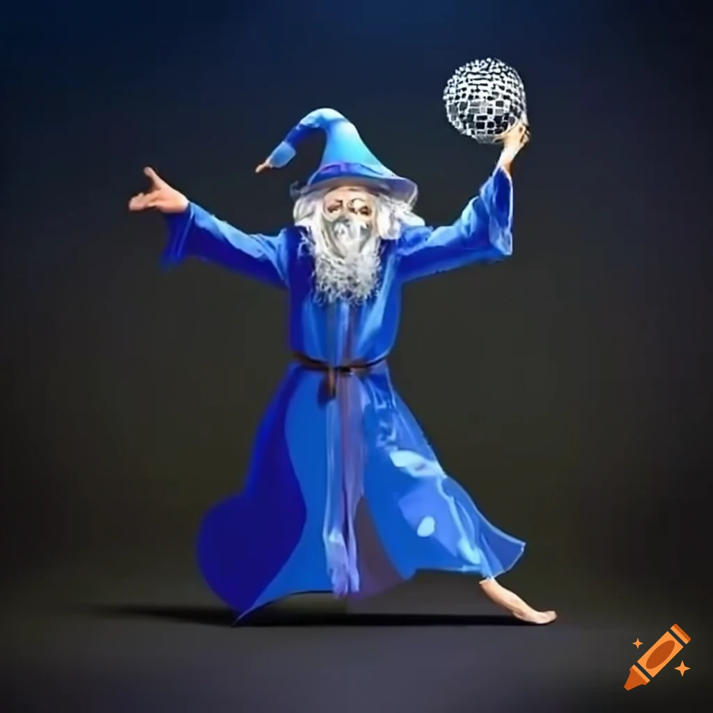 Blue-robed wizard dancing at an 80s disco with a disco ball on Craiyon