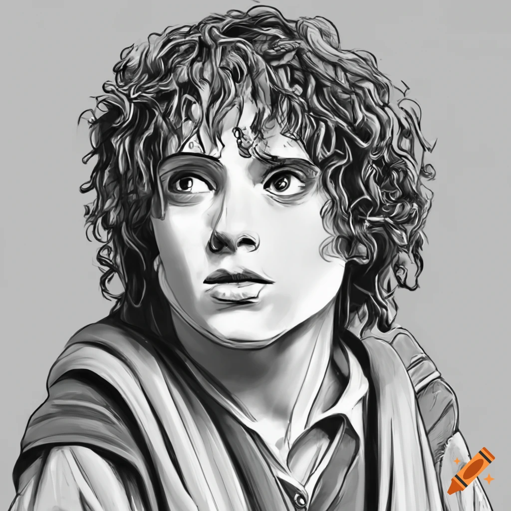 Line drawing of frodo baggins in black and white on Craiyon