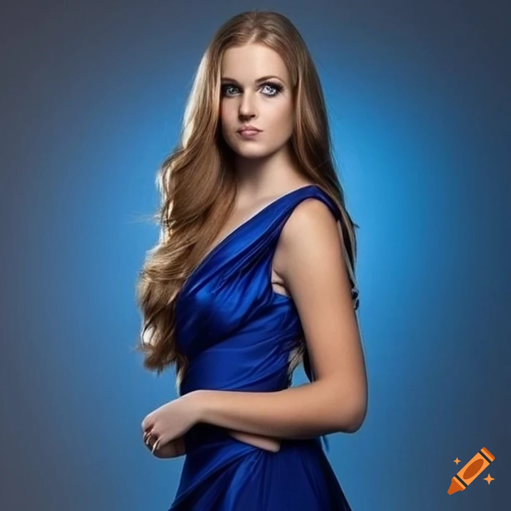 Beautiful Young Woman In Sapphire Blue Wrap Dress With Chestnut Hair On