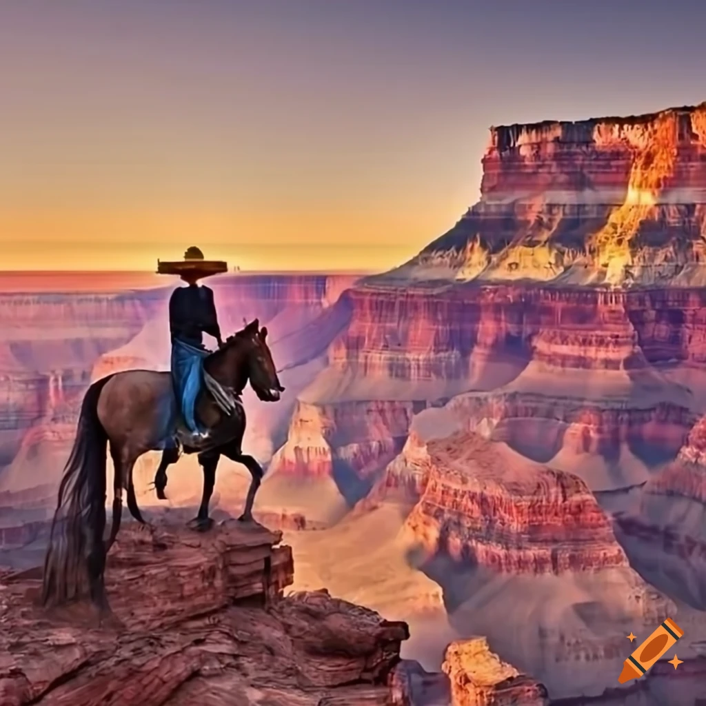 Cowboy on a horse overlooking the grand canyon at dusk on Craiyon