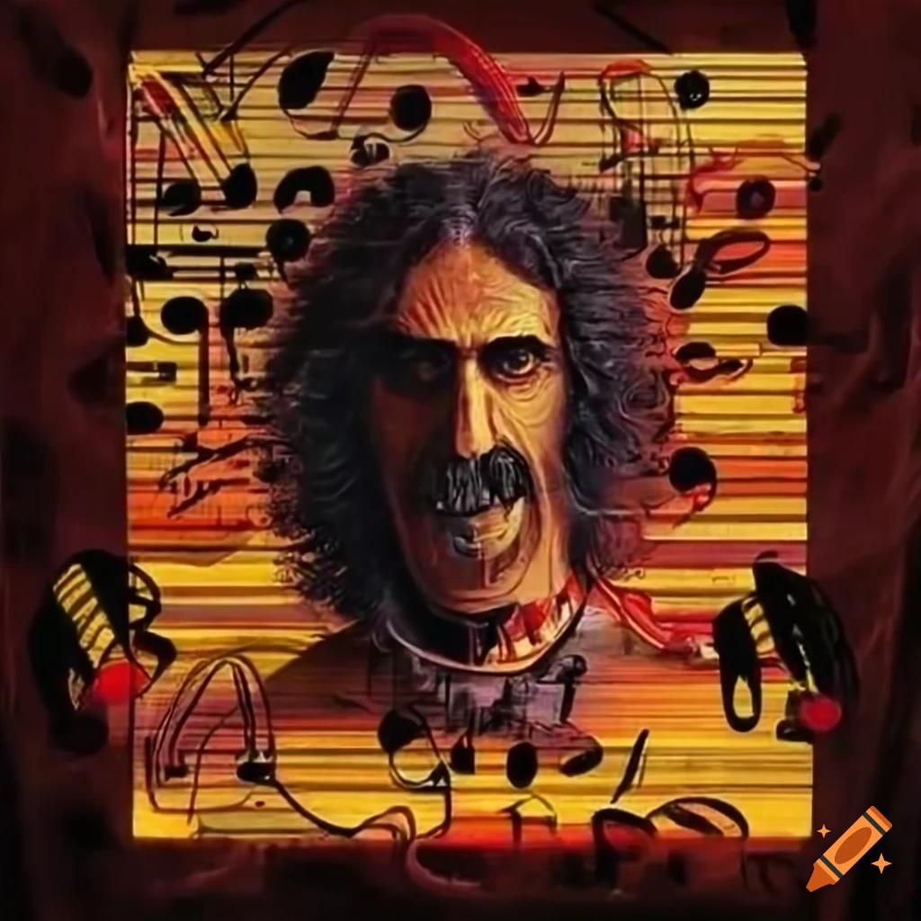 Frank zappa surrounded by music notes and symbols in a surreal painting ...