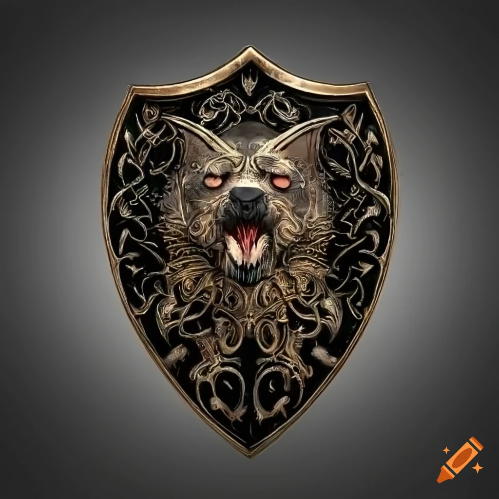 Ornate gothic shield with celtic engravings and dragon/wolf motif on ...