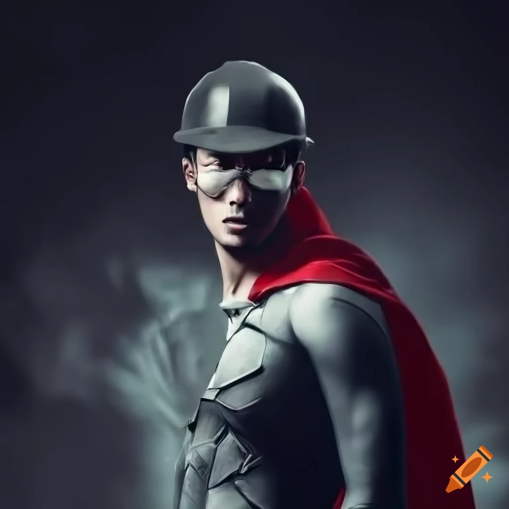 Asian superhero standing over defeated construction worker in a dark ...