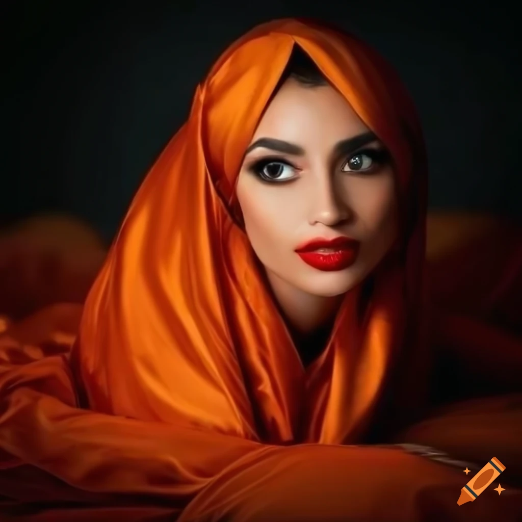 Attractive young arabian woman in orange silk hijab on bed on Craiyon