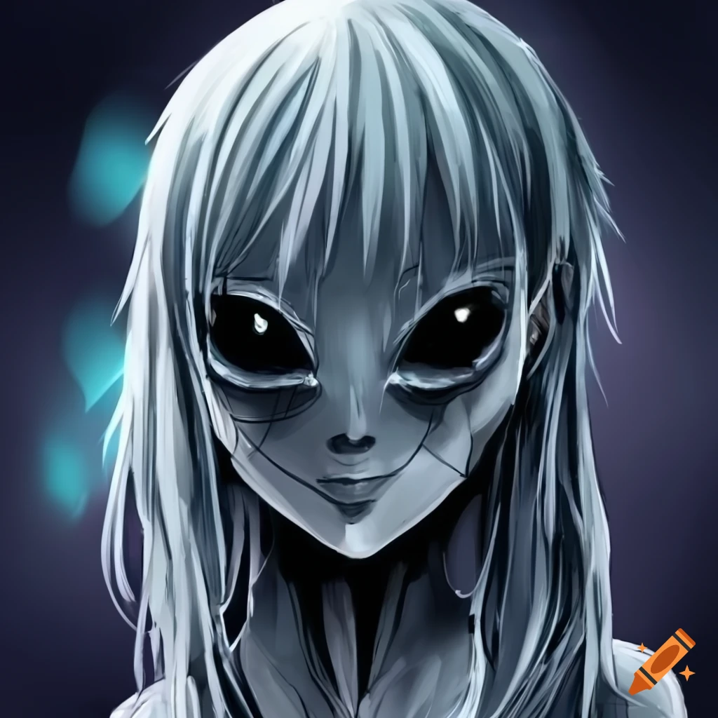 Gray alien with black hair in anime style on Craiyon