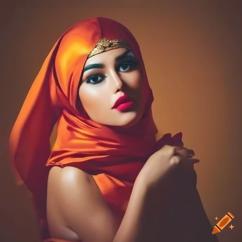 Attractive young arabian woman in orange silk hijab on bed on Craiyon