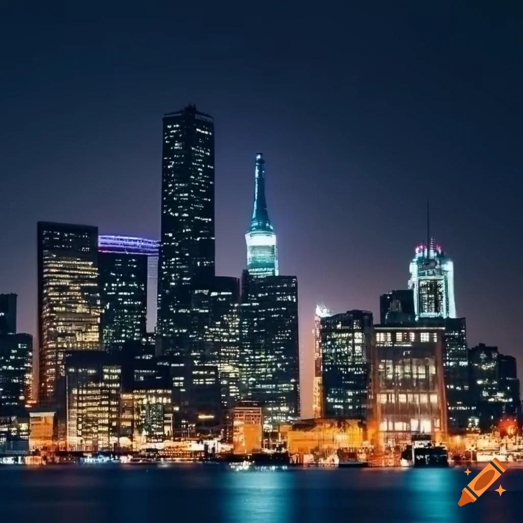 Detailed city skyline night view on Craiyon