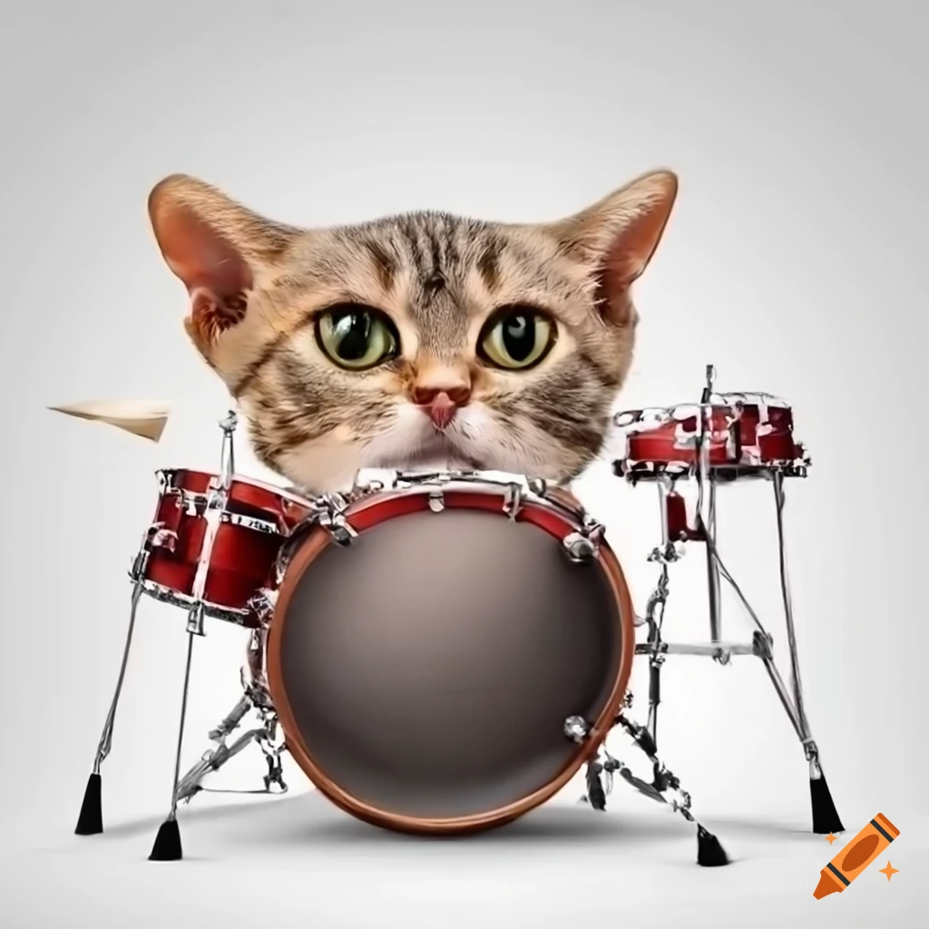 Silly cat playing drums on a white background on Craiyon