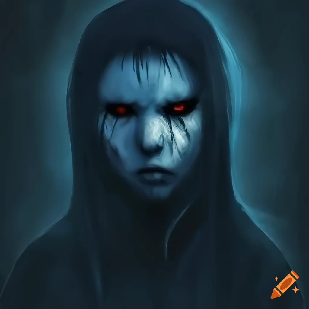 Distressed figure with hollow black eyes, reaching out in darkness on ...