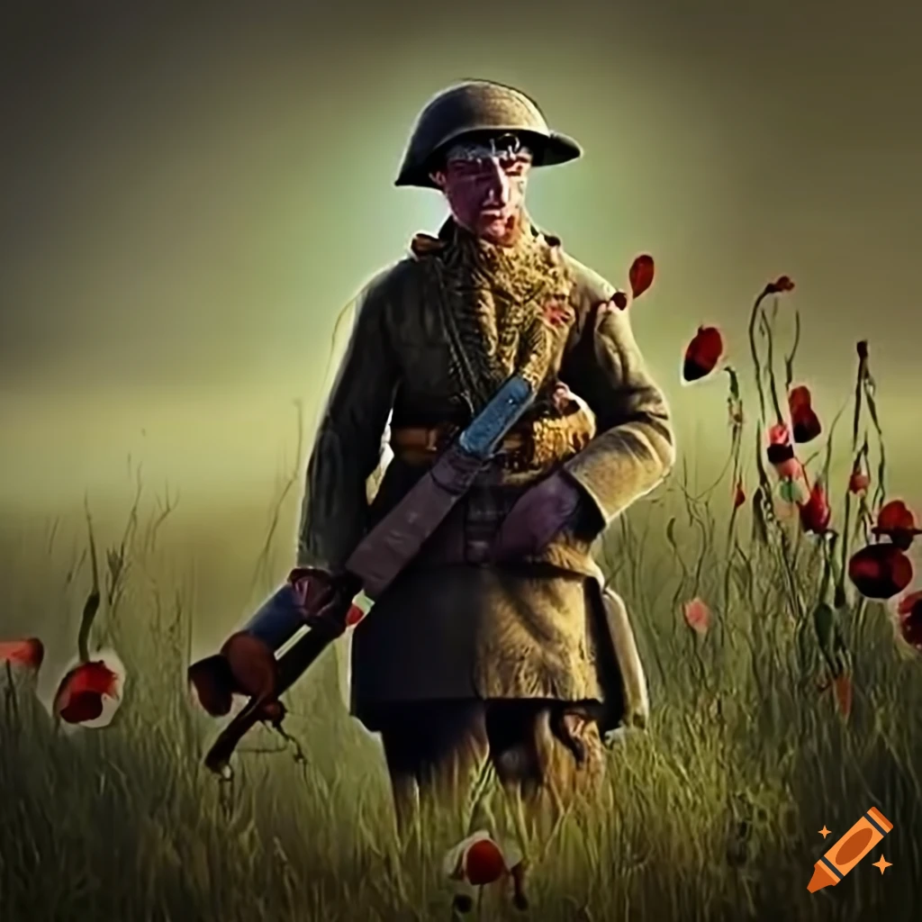 Poetic scene of a weary soldier among blooming poppies on a battlefield ...