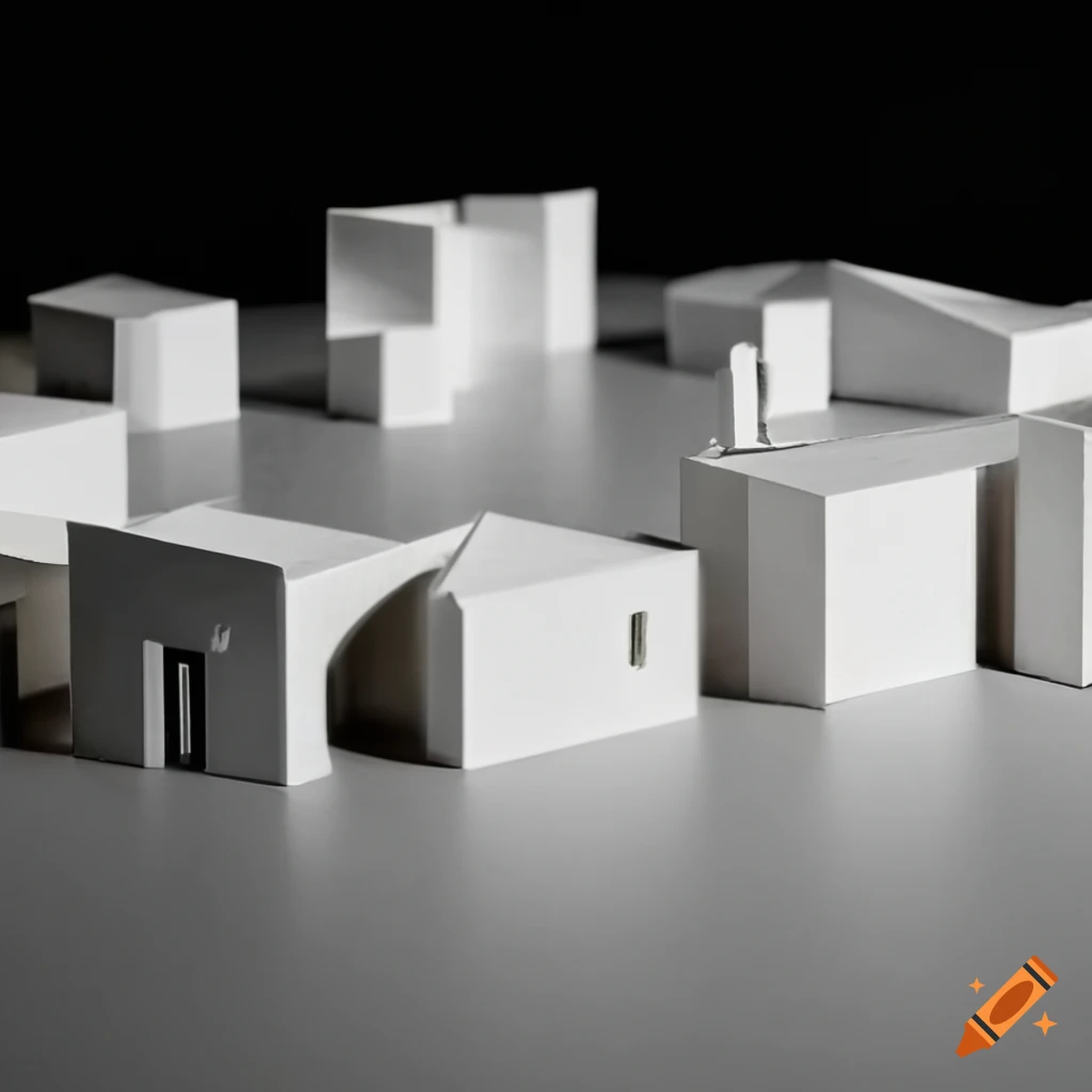 Table filled with small architecture models on Craiyon