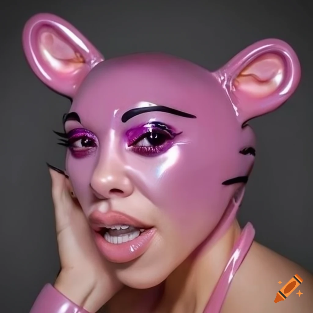 Iridescent pink latex model with a pink panther head on Craiyon