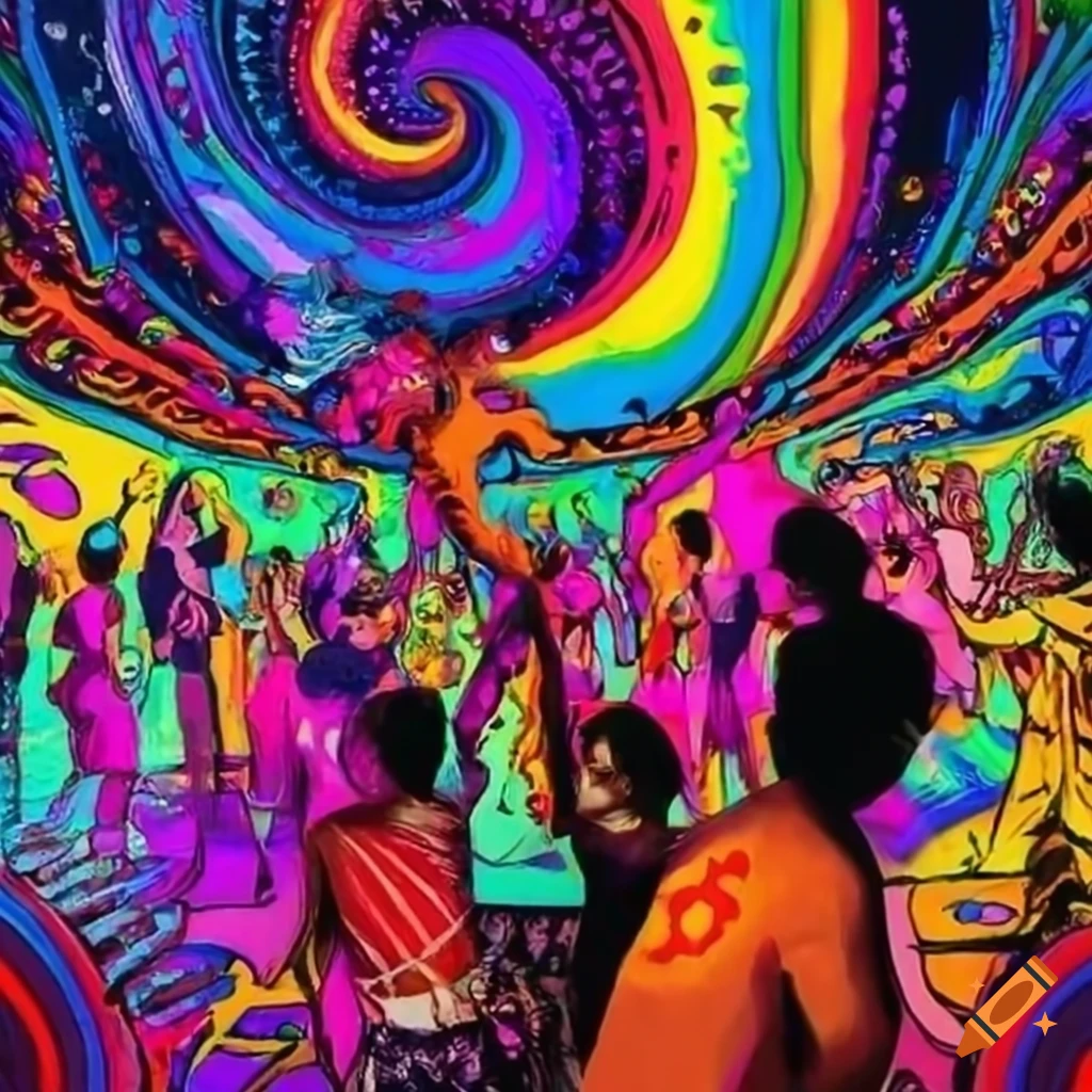 Psychedelic art show and dance party with people mingling on Craiyon