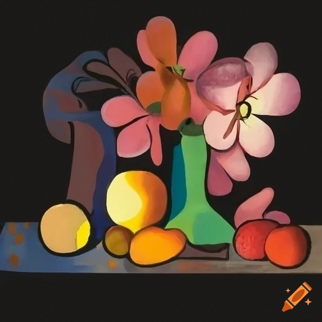 Colorful still life of flowers and fruits in picasso-style cubism and ...