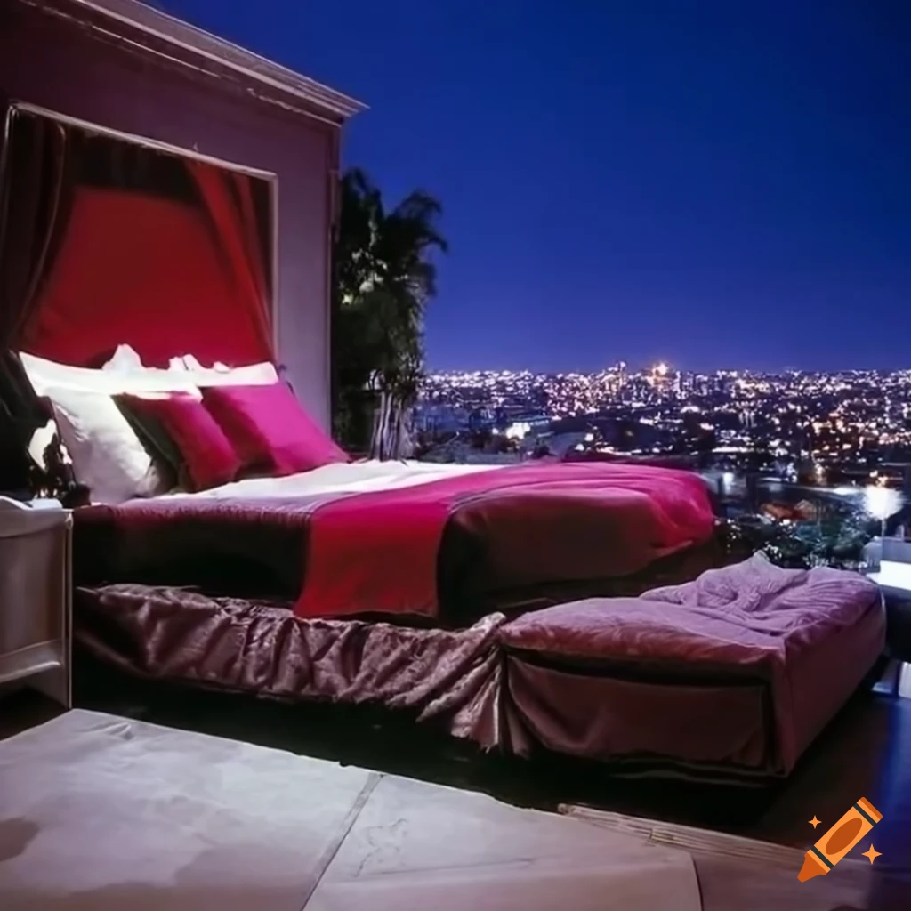 Luxury 1980's cinematic bed with red silk sheets on polished marble ...