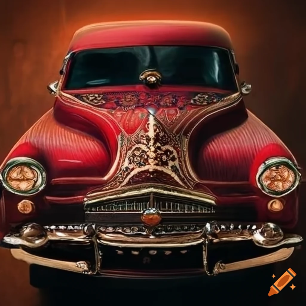 Persian rug on a classic car for a visually striking image on Craiyon