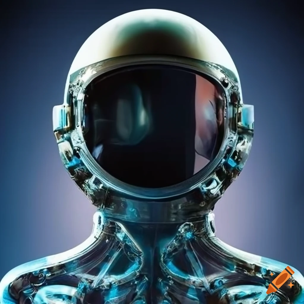 Futuristic chrome abstract creature x-ray woman in astronaut helmet on ...