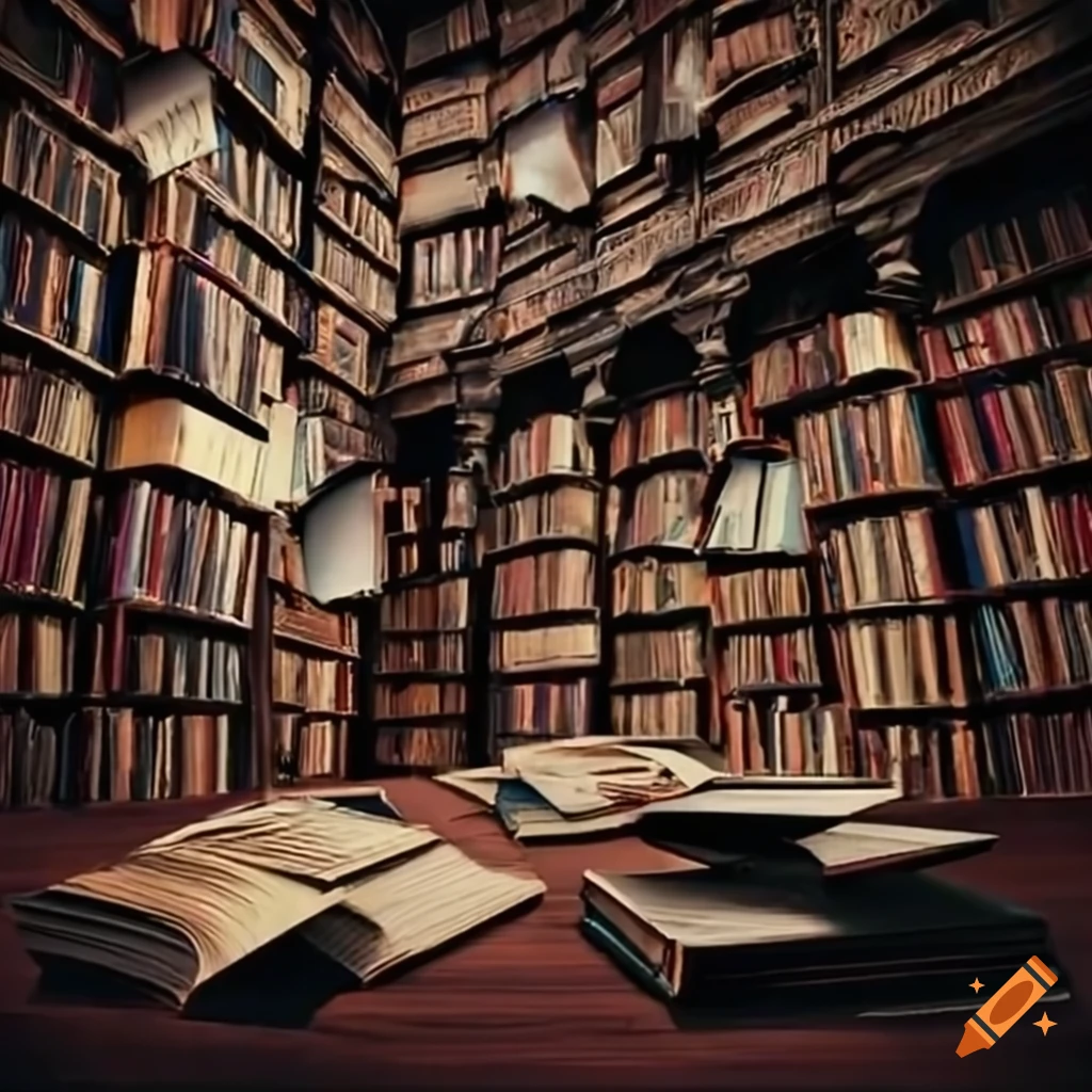 Surreal philosopher surrounded by flying books in a chaotic library on ...