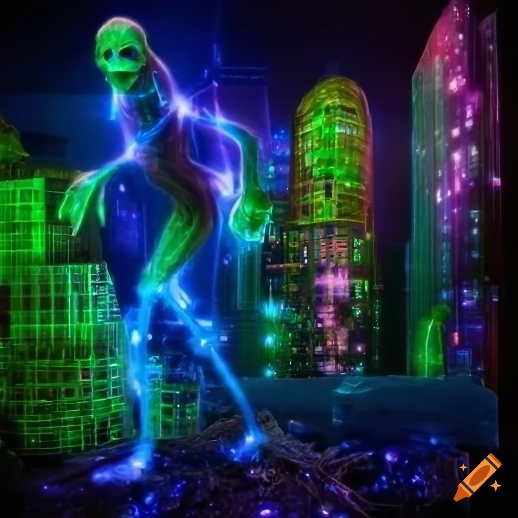 Glowing biopunk cityscape with mutant lemon fruit monsters and ...