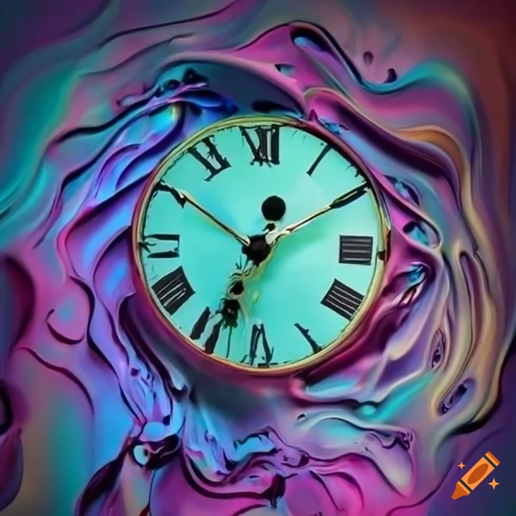 Clock with liquid form in an alice in wonderland style on Craiyon
