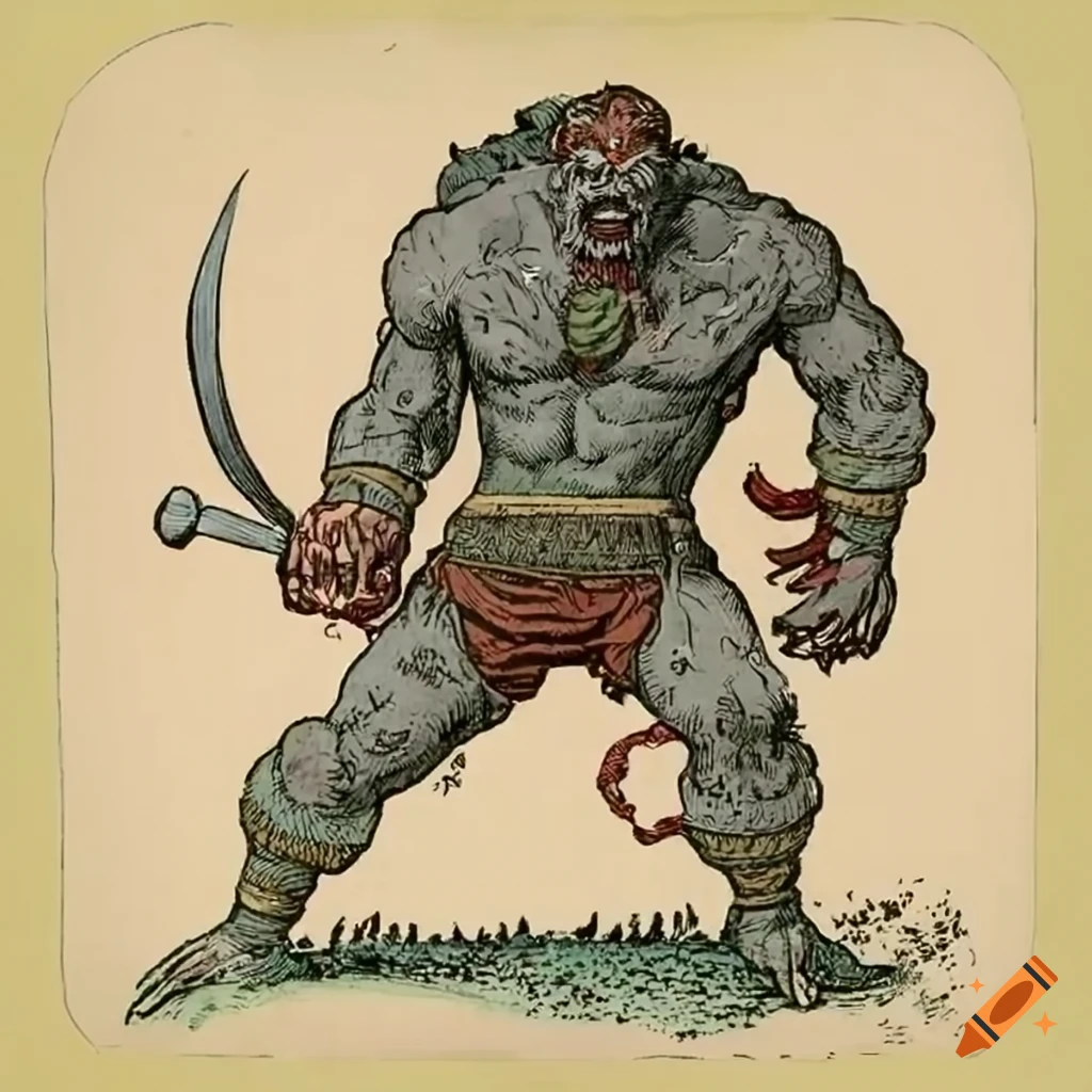 Hitotsu-me giant cyclops wielding a melee weapon in an engraving ...