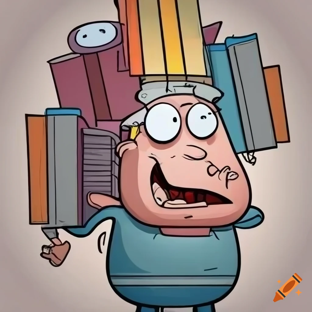 Colorful cartoon illustration of a man overwhelmed by bulging cupboards ...