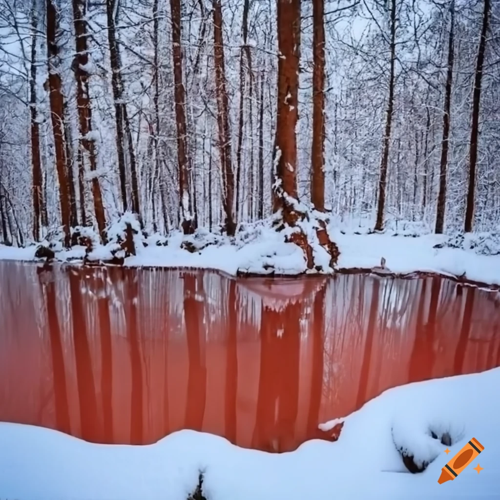 Red lake in snowy forest on Craiyon