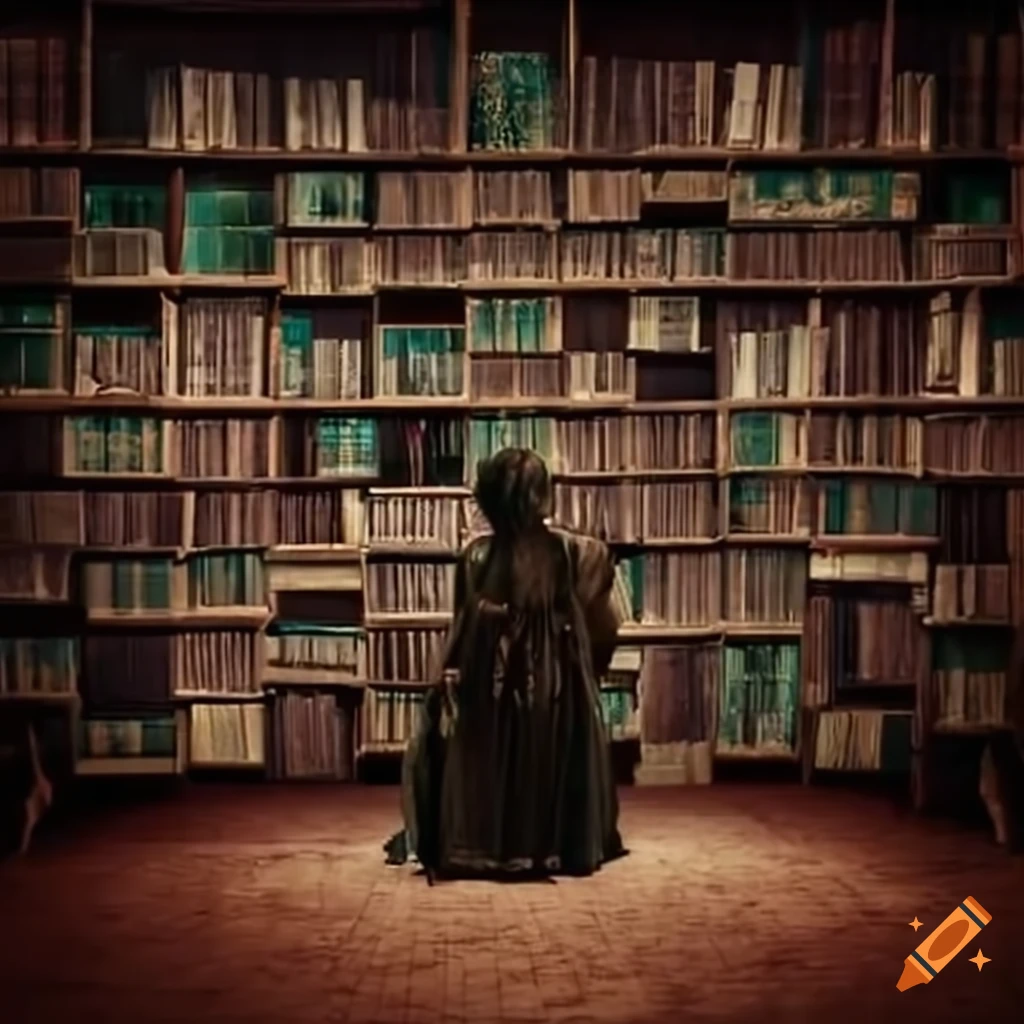 Surreal philosopher amidst chaos in a library with flying books on Craiyon