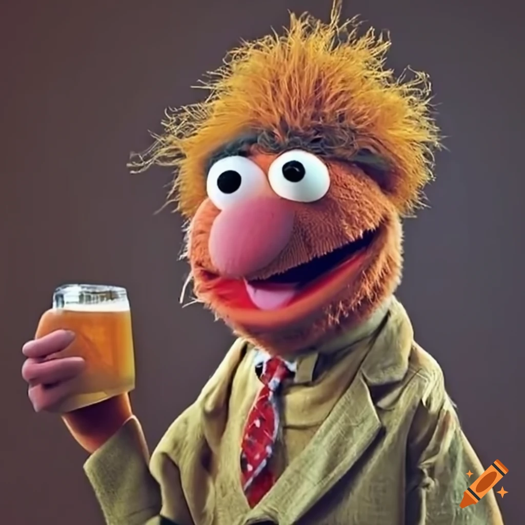 Jim Henson style Muppet from Cleveland enjoying beer on Craiyon