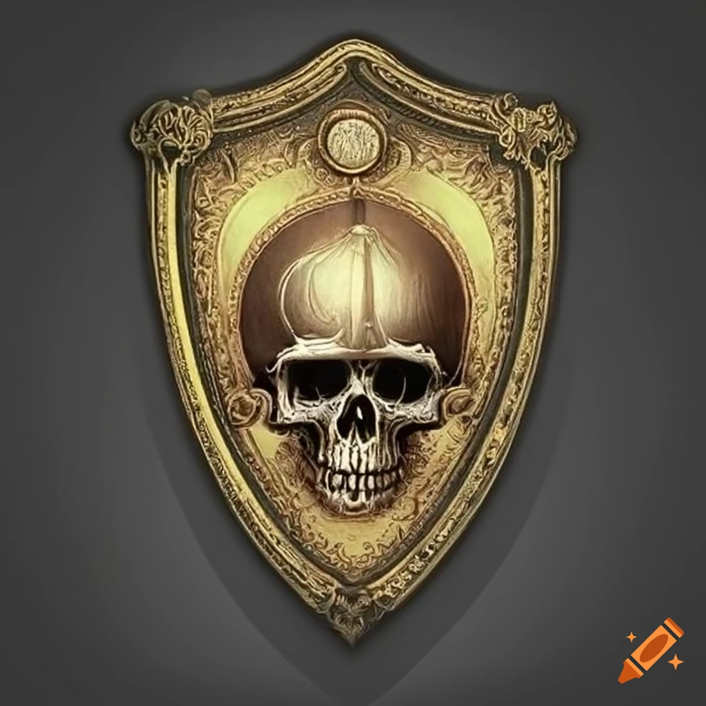 Ornate gold shield with a dark pirate skull motif on Craiyon