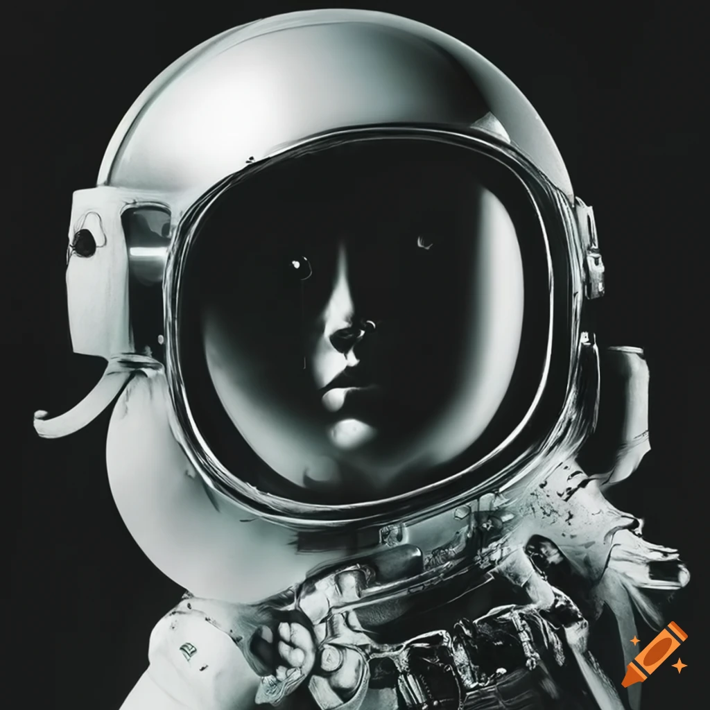 Futuristic chrome abstract creature x-ray Woman in astronaut helmet on ...