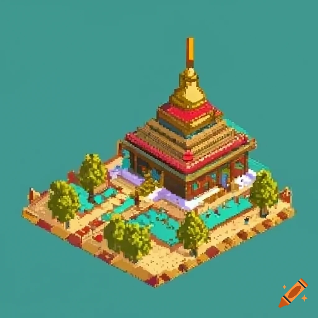 Isometric pixel art view of a temple on Craiyon