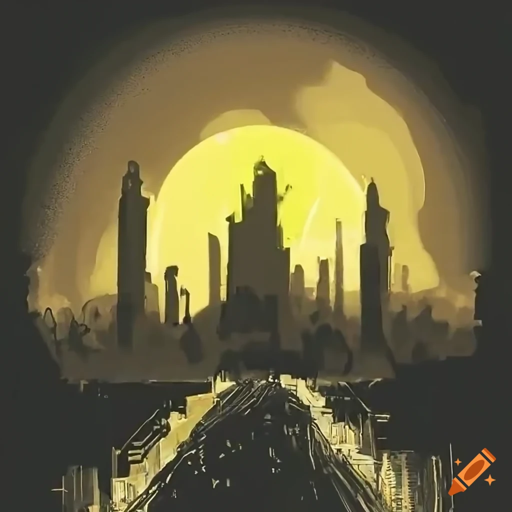 Destroyed city with ash raining, fires, and zombies during an eclipse ...