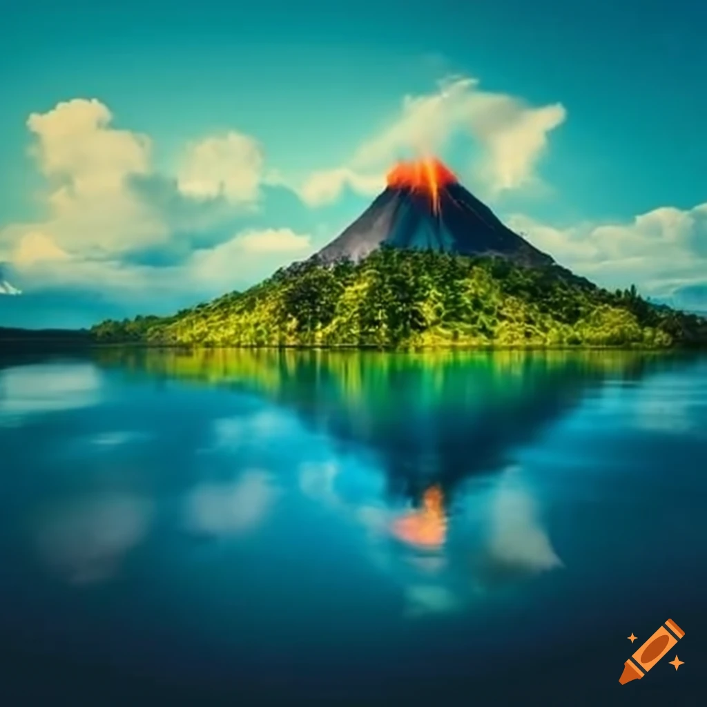 Tropical island with volcano overlooking a lake on Craiyon