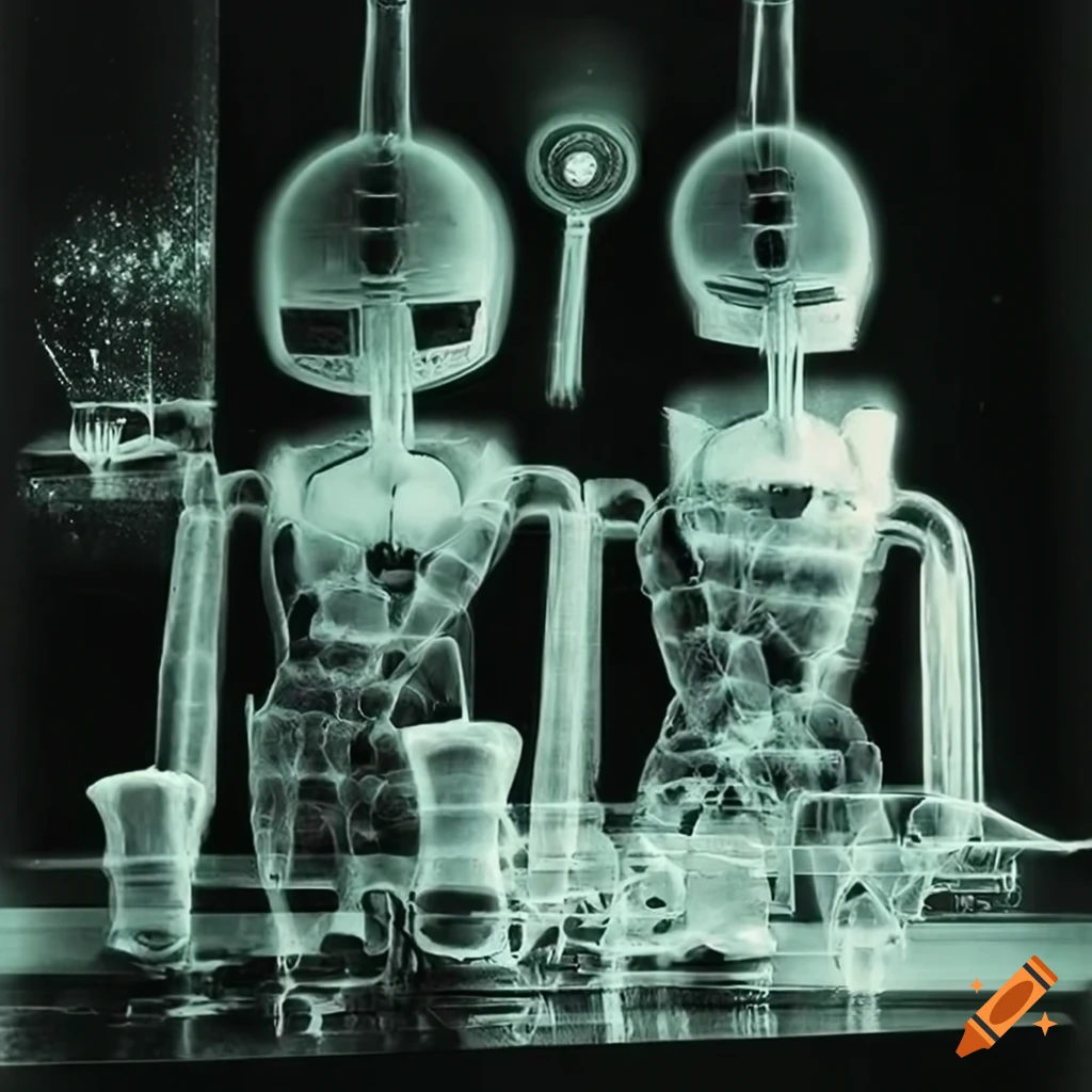 1920s x-ray of alien robots in an ice cream store with intricate ...