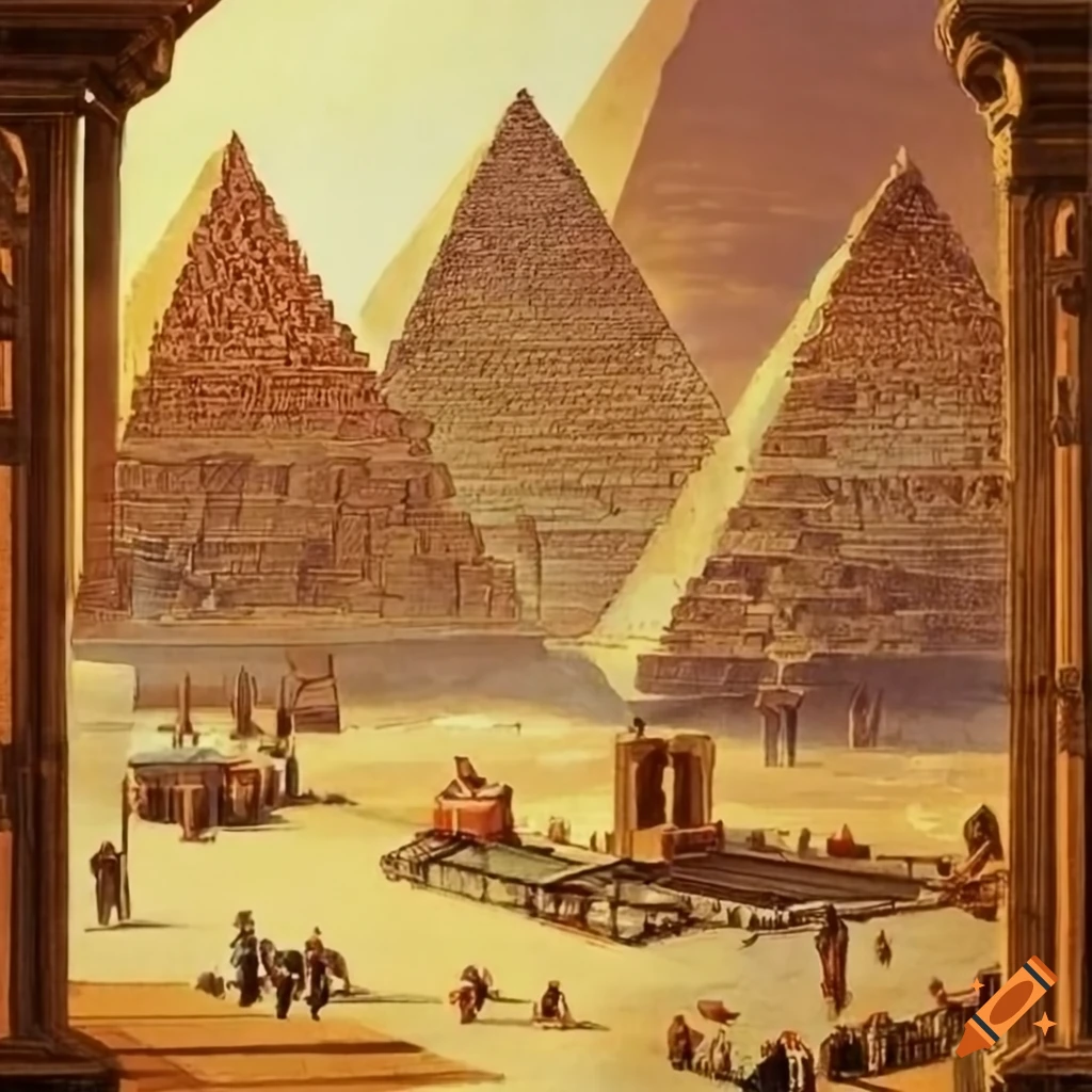 Intricate vintage poster featuring a pyramid by james gurney on Craiyon