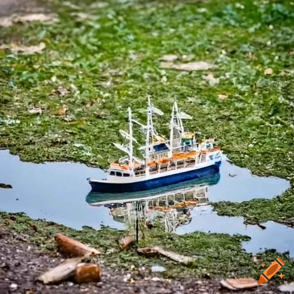 Miniature cruise ship in a water puddle on a street on Craiyon