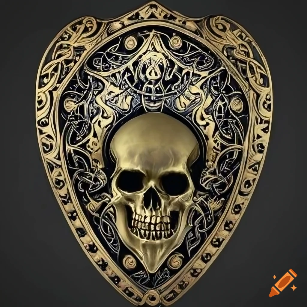 Detailed gothic shield with black and gold Celtic patterns featuring a ...