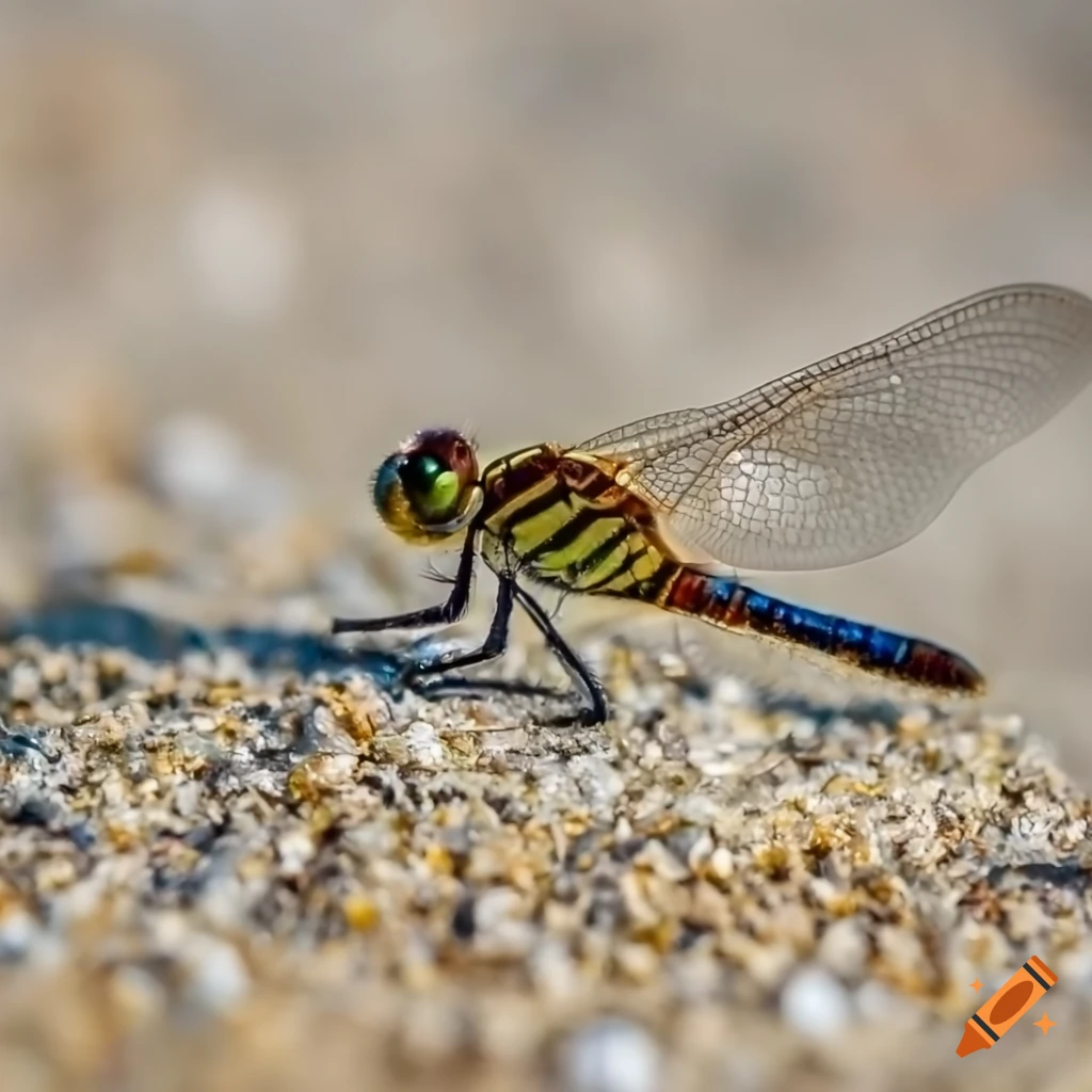Dragonfly in white sand, 4k high definition photo on Craiyon
