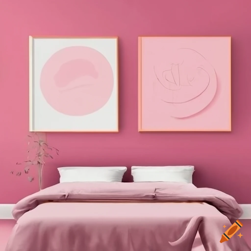 Stylish pink bedroom with trendy posters on the walls on Craiyon