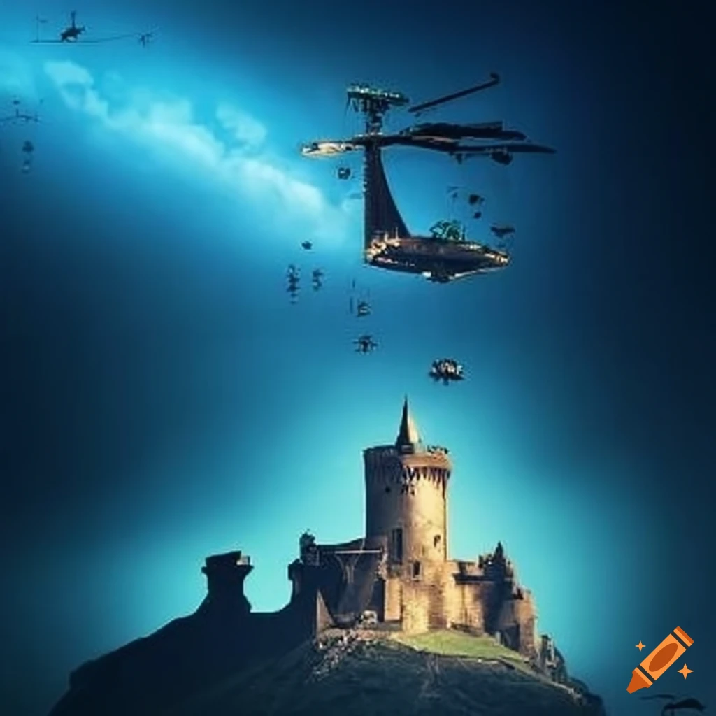 Castle with jets flying overhead in the distance on Craiyon