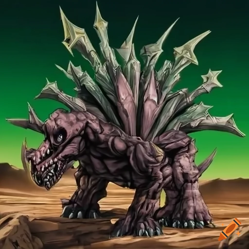 Decaying dinosaur in a badlands in Yu-Gi-Oh art style on Craiyon