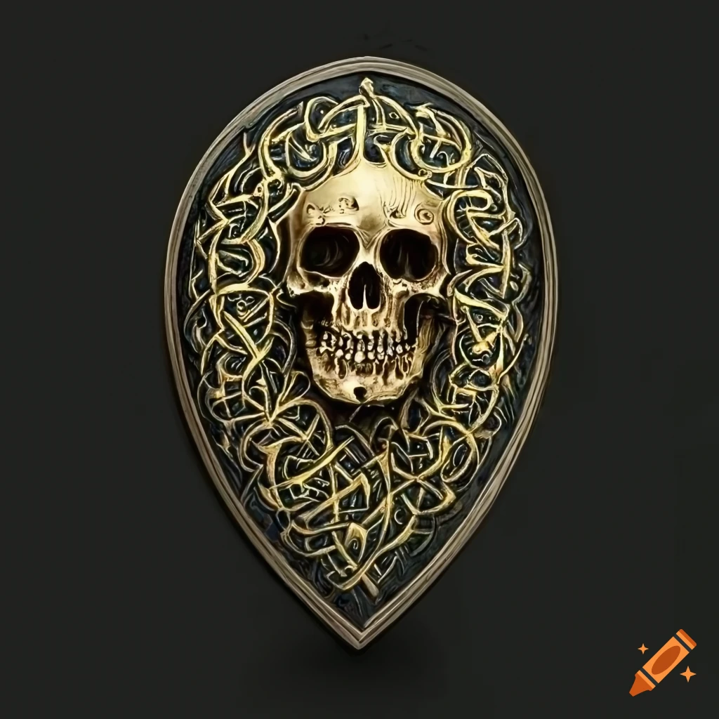 Detailed gothic shield with black and gold celtic patterns and skull ...