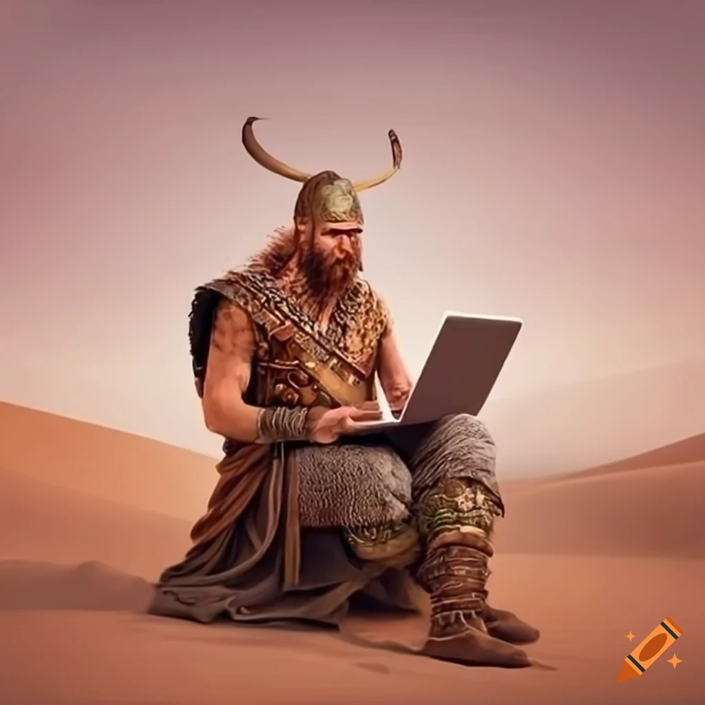 Historical viking with laptop in the desert on Craiyon