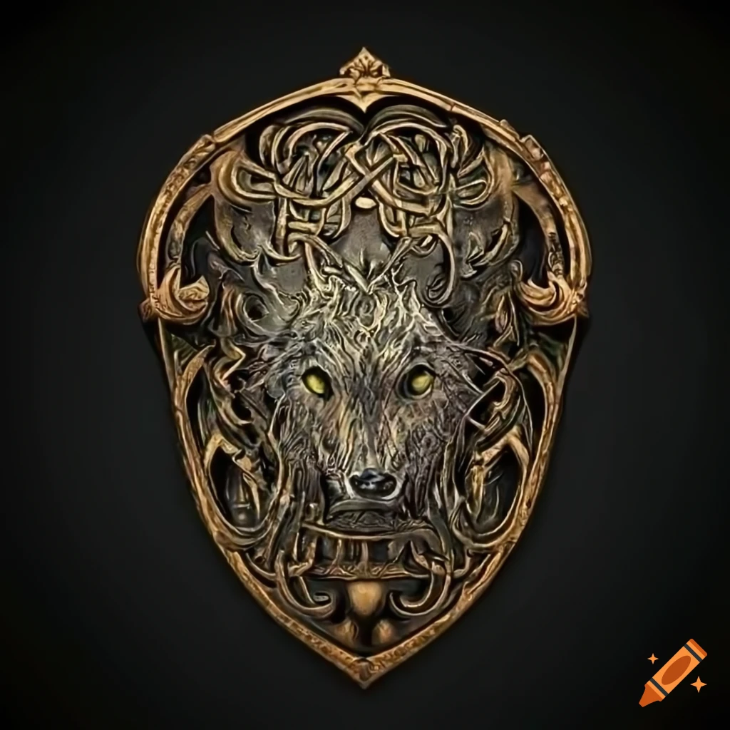 Ornate gothic shield with Celtic engravings and dragon/wolf motif on ...
