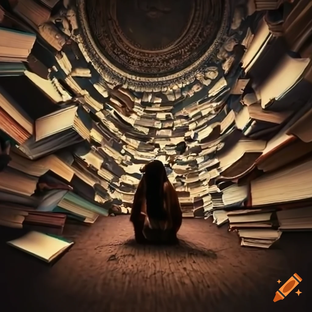 Surreal philosopher amidst chaos in a library with flying books on Craiyon