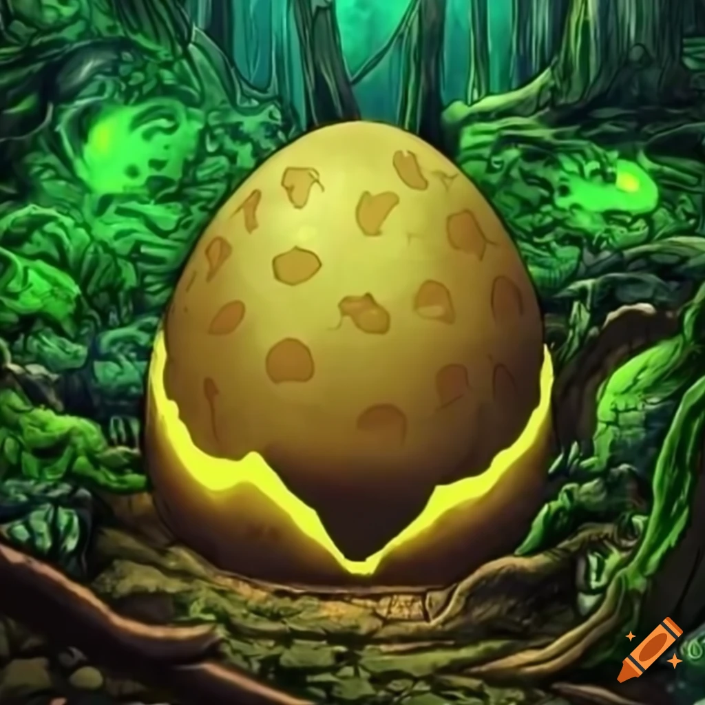 Detailed glowing dark-yellow dinosaur egg cracking in a lush forest on ...