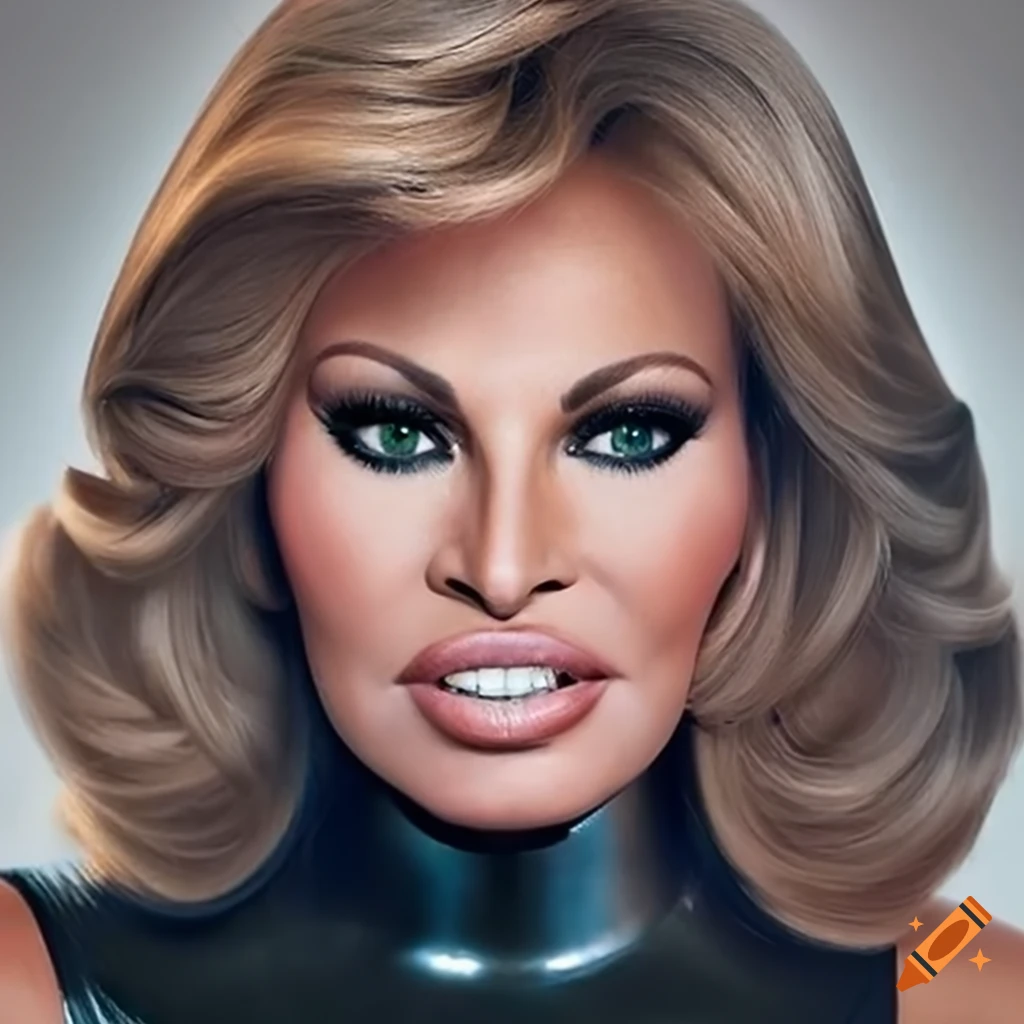Detailed portrait of Raquel Welch with symmetrical eyes and black latex ...
